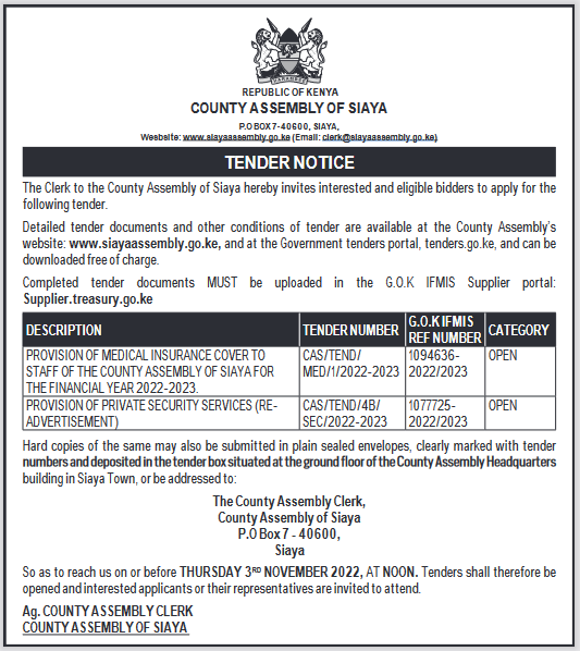 TENDER NOTICE. – Siaya County Assembly