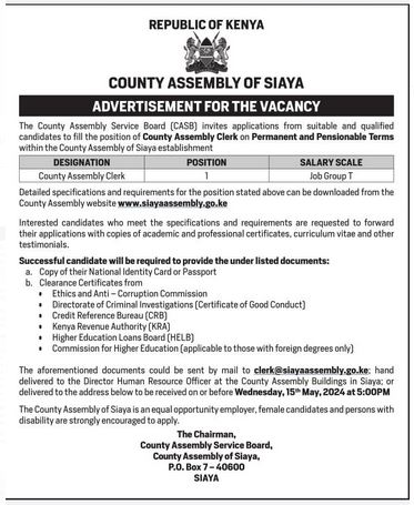 ADVERTISEMENT FOR THE POSITION OF COUNTY ASSEMBLY CLERK – Siaya County ...