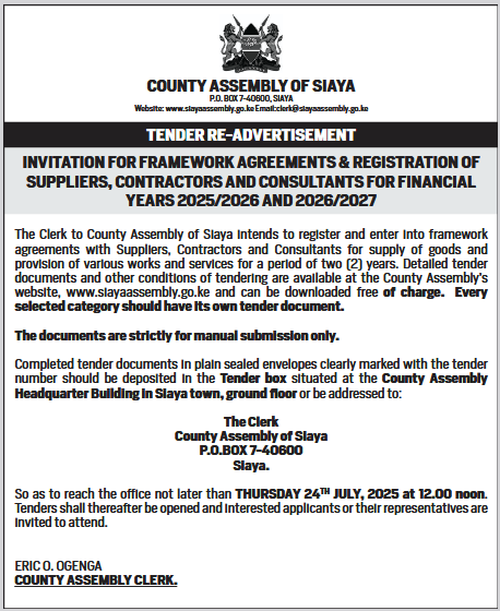 TENDER RE-ADVERTISEMENT:- INVITATION FOR FRAMEWORK AGREEMENT & REGISTRATION OF SUPPLIERS ...